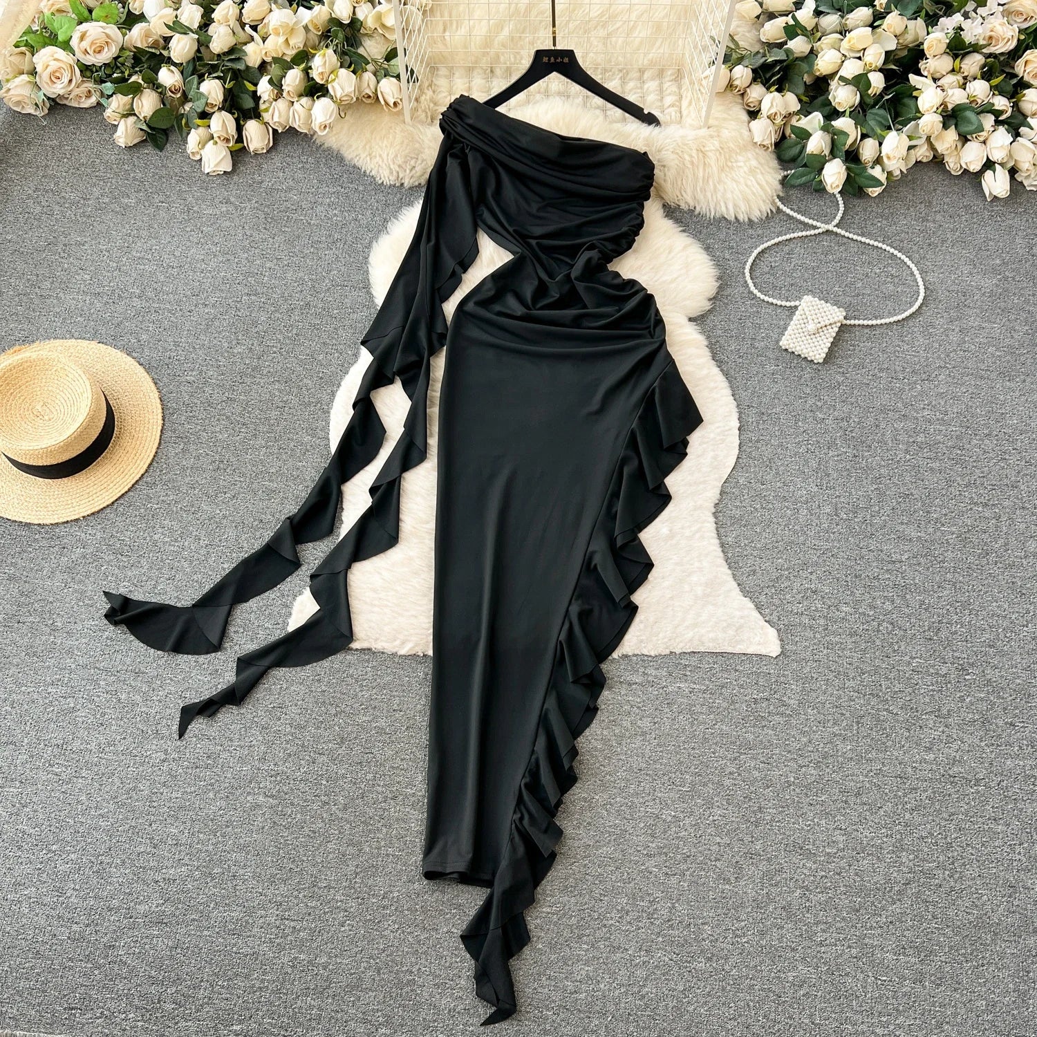 Zjkrl - Women Chic Ruffle Long Sleeve Diagonal Collar Ribbon Sexy Slim ...